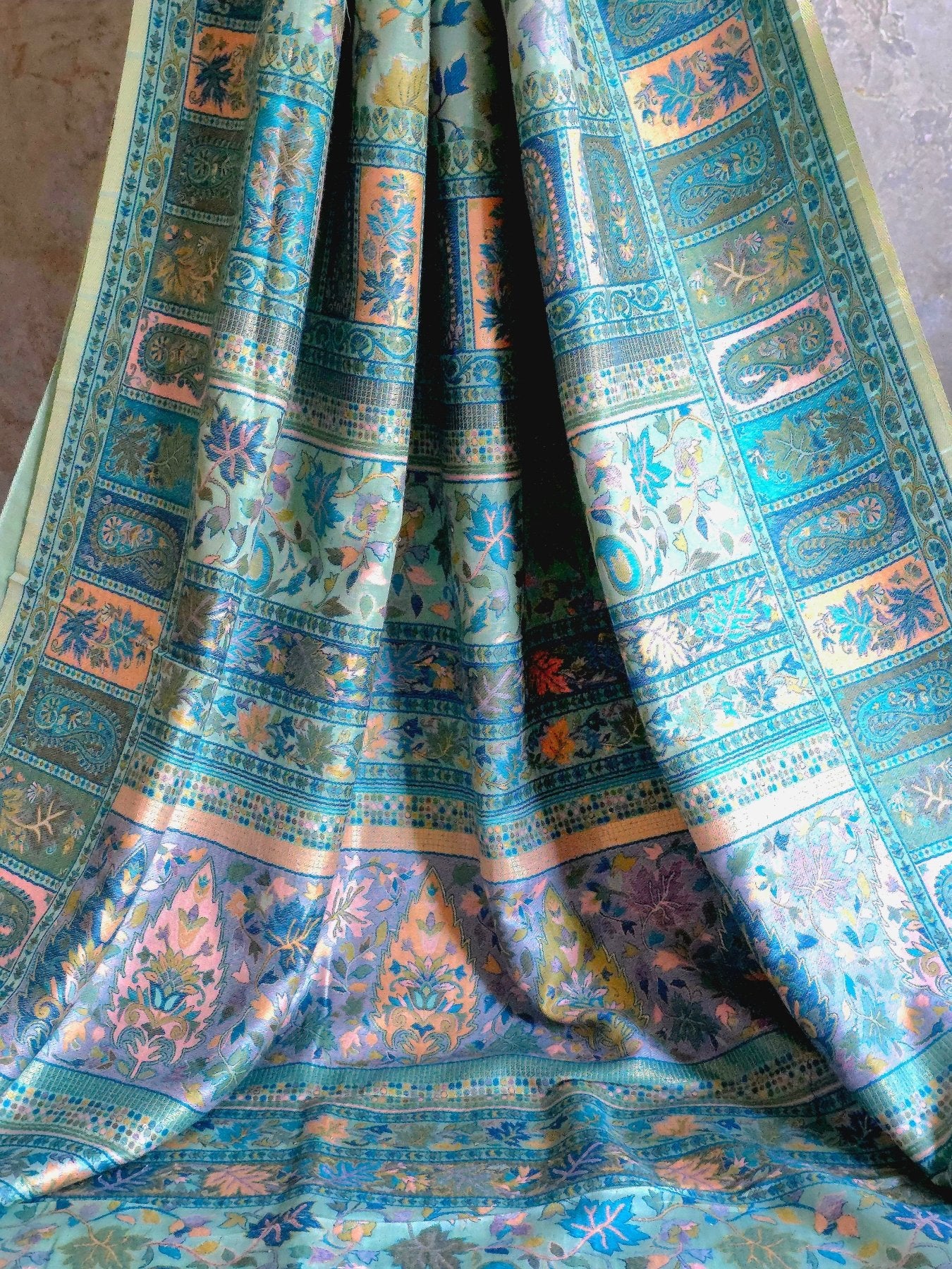 Parajika - Pistachio : Authentic Kashmiri Saree - Oagh India