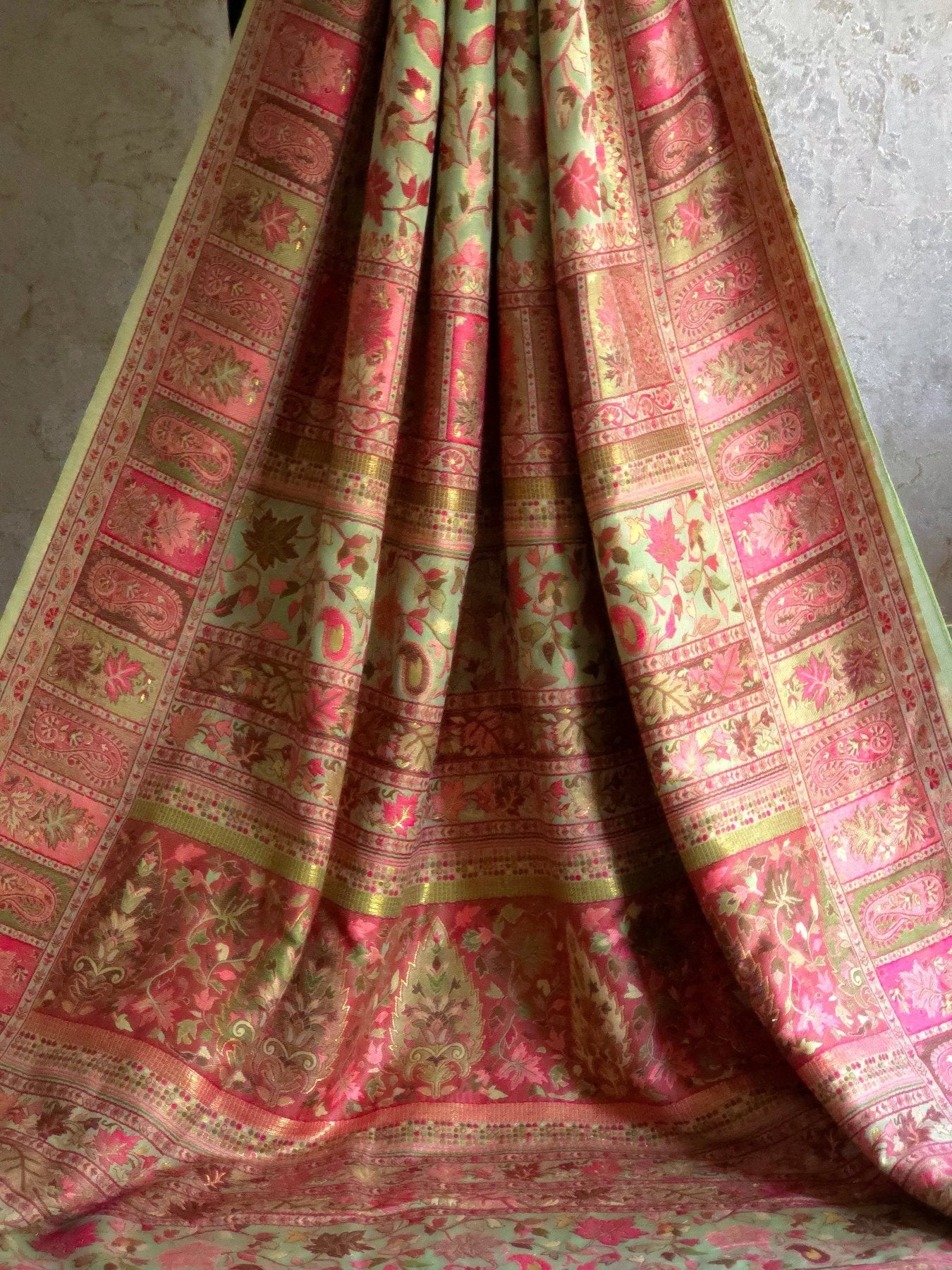 Parajika (Pistachio & Pink): Authentic Kashmiri Saree - Oagh India